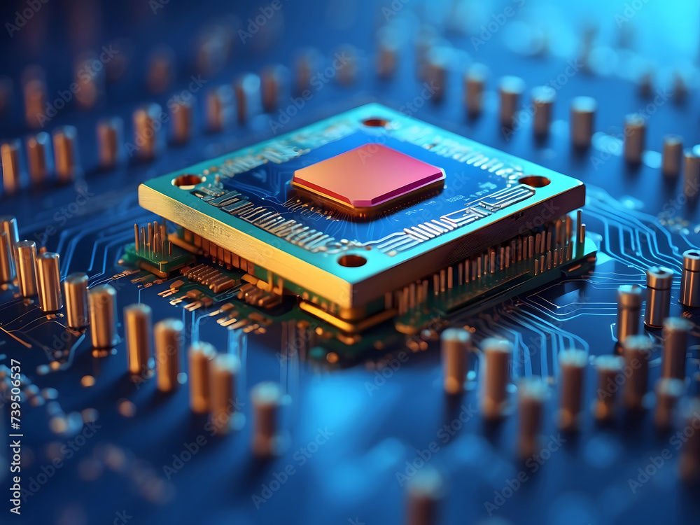 Modern microprocessor with lights on a background of blue. Database ...