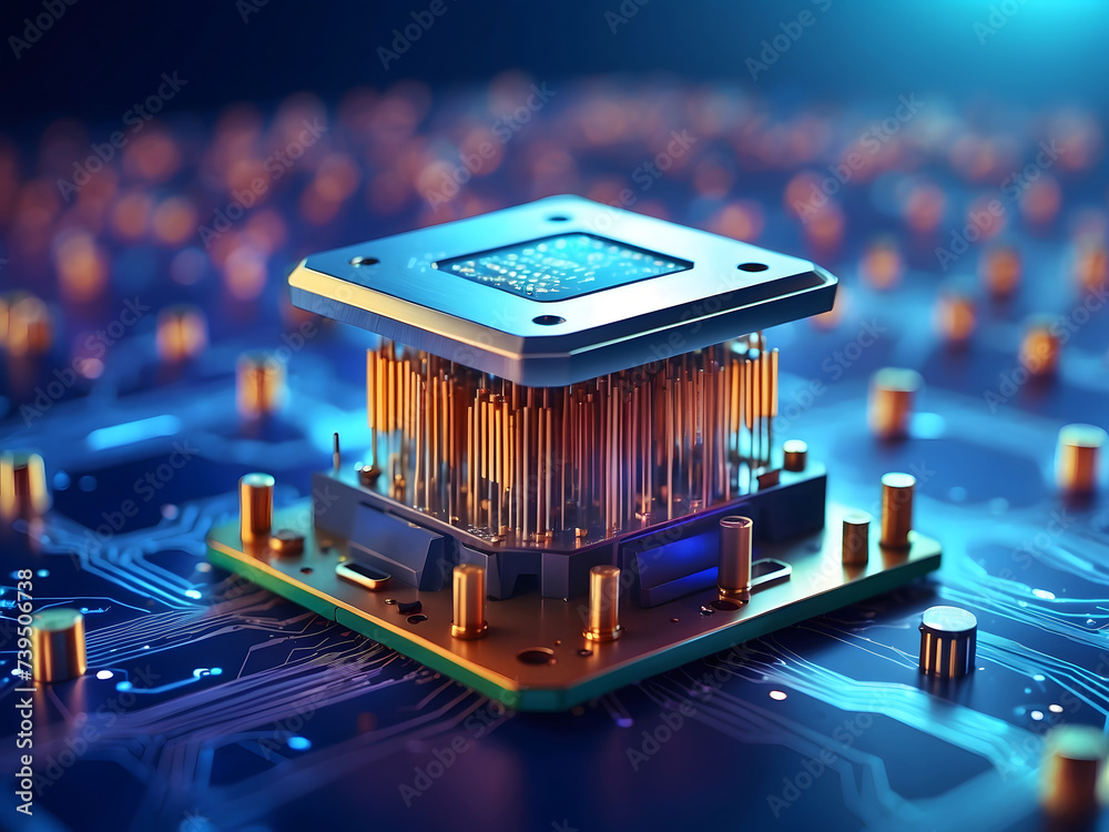 Modern microprocessor with lights on a background of blue. Database ...