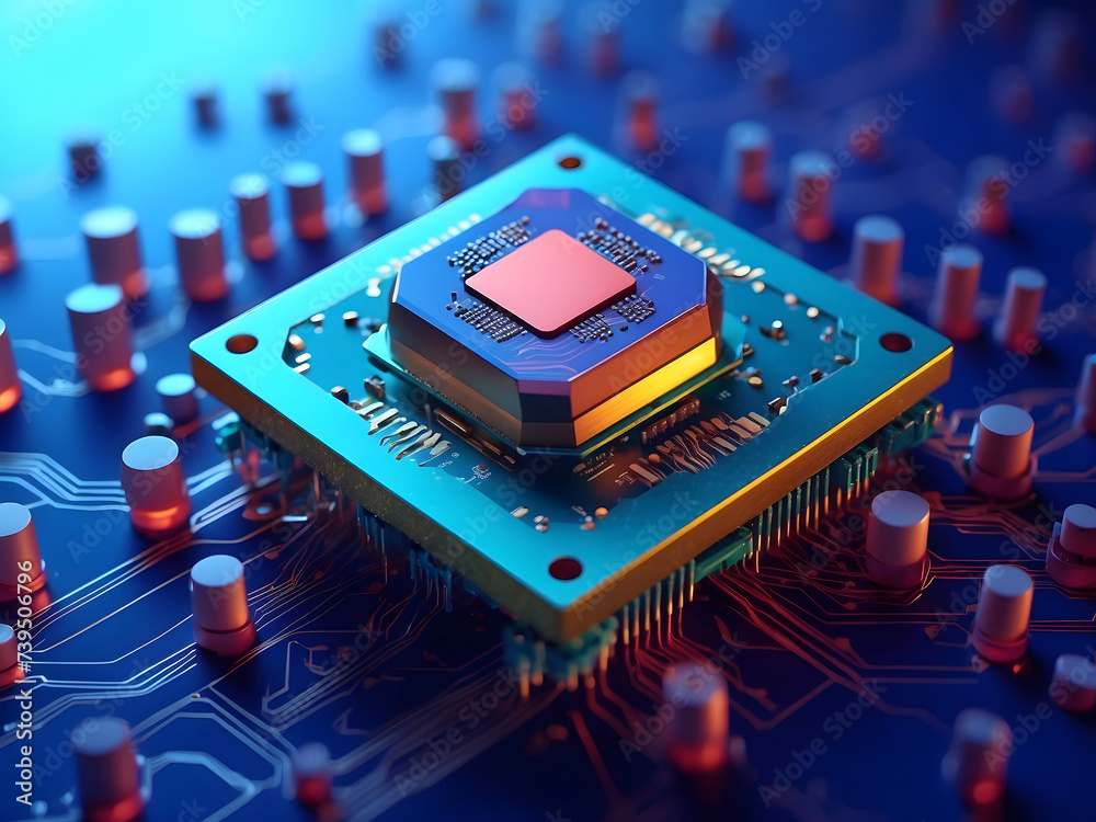 Modern microprocessor with lights on a background of blue. Database ...