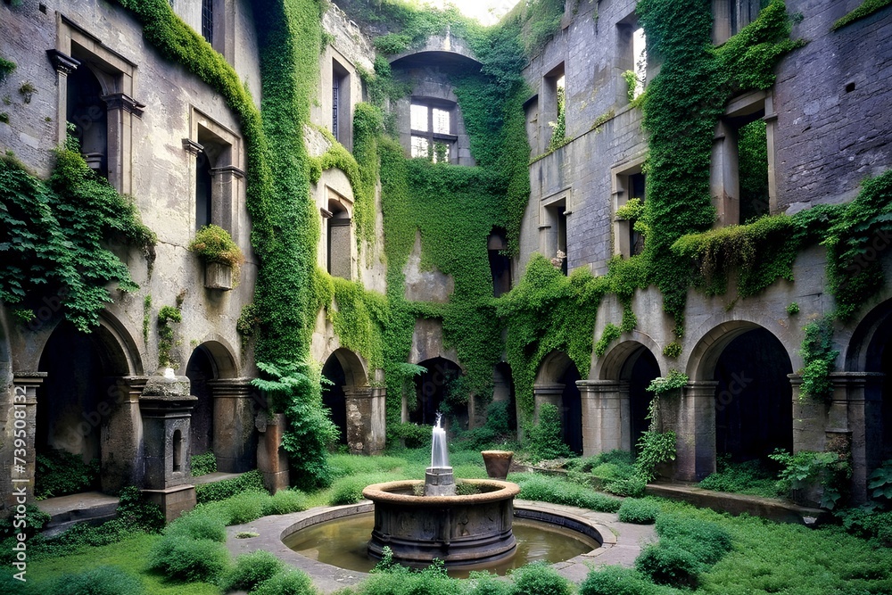 Detailed Castle Courtyard Illustration Featuring Overgrown Walls ...