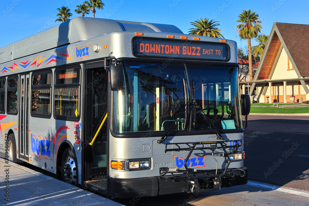 Mesa Fiesta BUZZ bus parked at terminal in Downtown Mesa, Arizona Stock ...