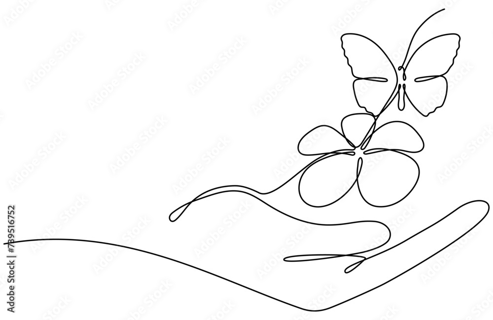 Flying butterfly with flower in hand continuous one line drawing ...