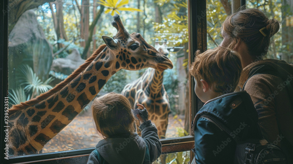 A family visit to a wildlife sanctuary or nature reserve, with parents ...