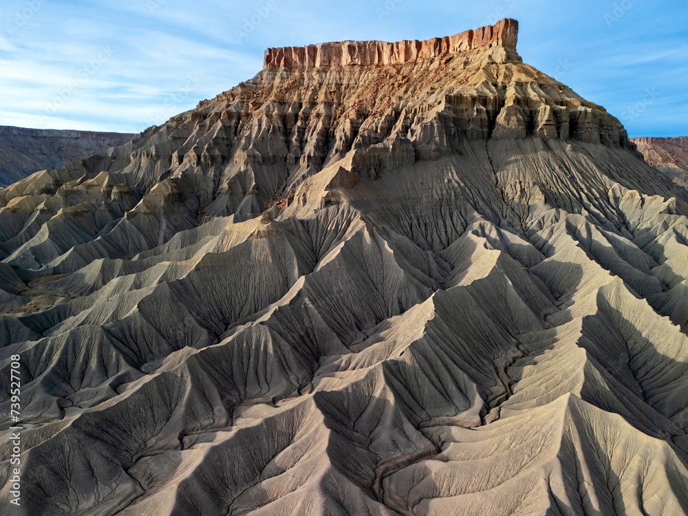 Drone photography of eroded desert badlands. Ridges and canyons of ...
