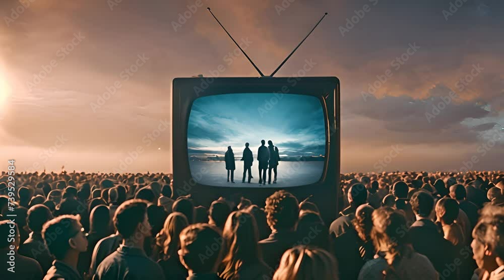 Crowd of people on the street watching a big old TV. AI generative ...