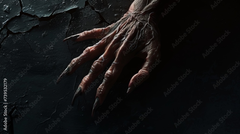 Zoomed-out view of a creepy, masculine hand with thick, claw-like nails ...