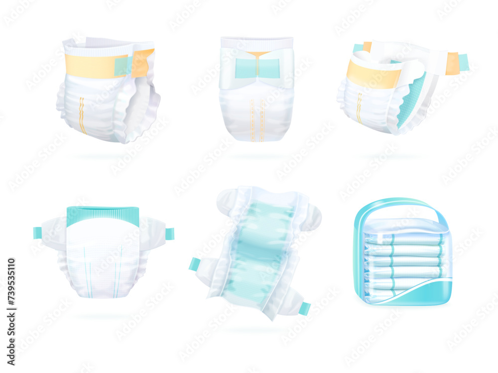 Vetor de Realistic diapers. Baby diaper mockup, diapering stack product ...