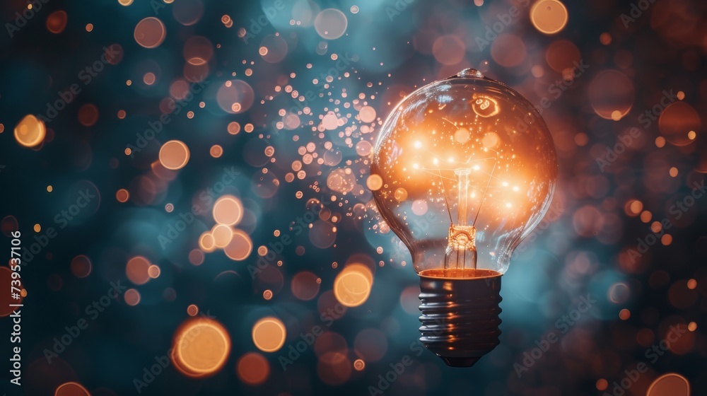 An amber light bulb illuminates the darkness with its glowing filament ...