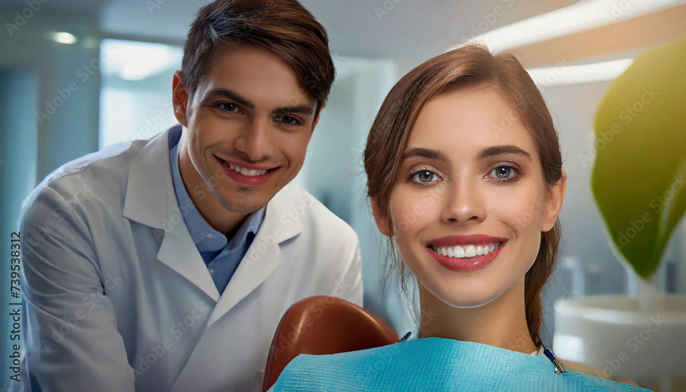 young girl sits in the chair with a radiant smile, a young dentist ...