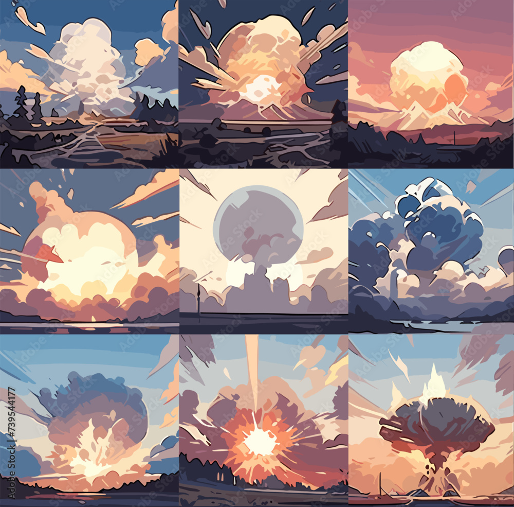 landscapes with huge explosion and blast on the horizon, cartoon pack ...