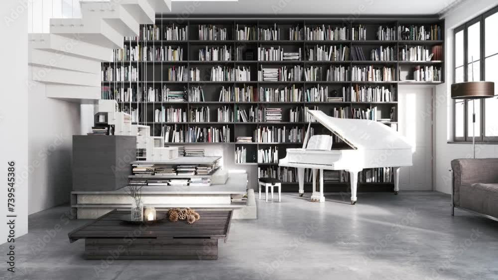 Modern library interior design. Modern bright living room with black ...