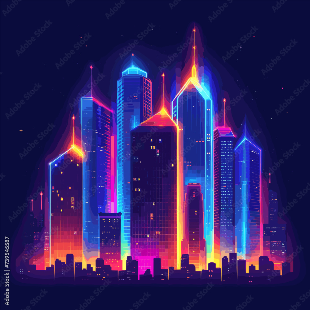 Neon night city with high rise buildings, panoramic view. Modern ...