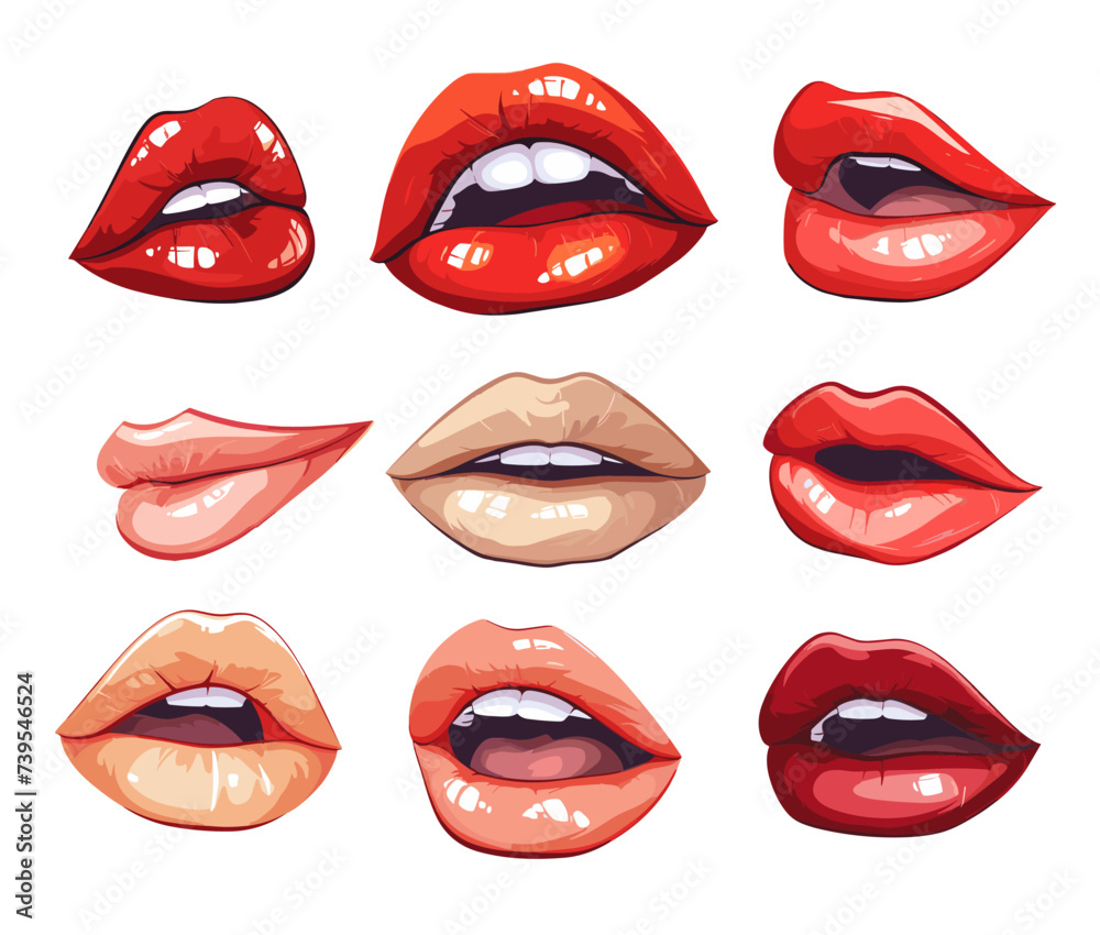 Red lips collection. Vector illustration of sexy woman lips expressing different emotions such ...