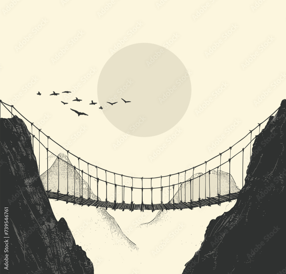 Rope bridge between two mountains, in Japanese or Chinese style ...