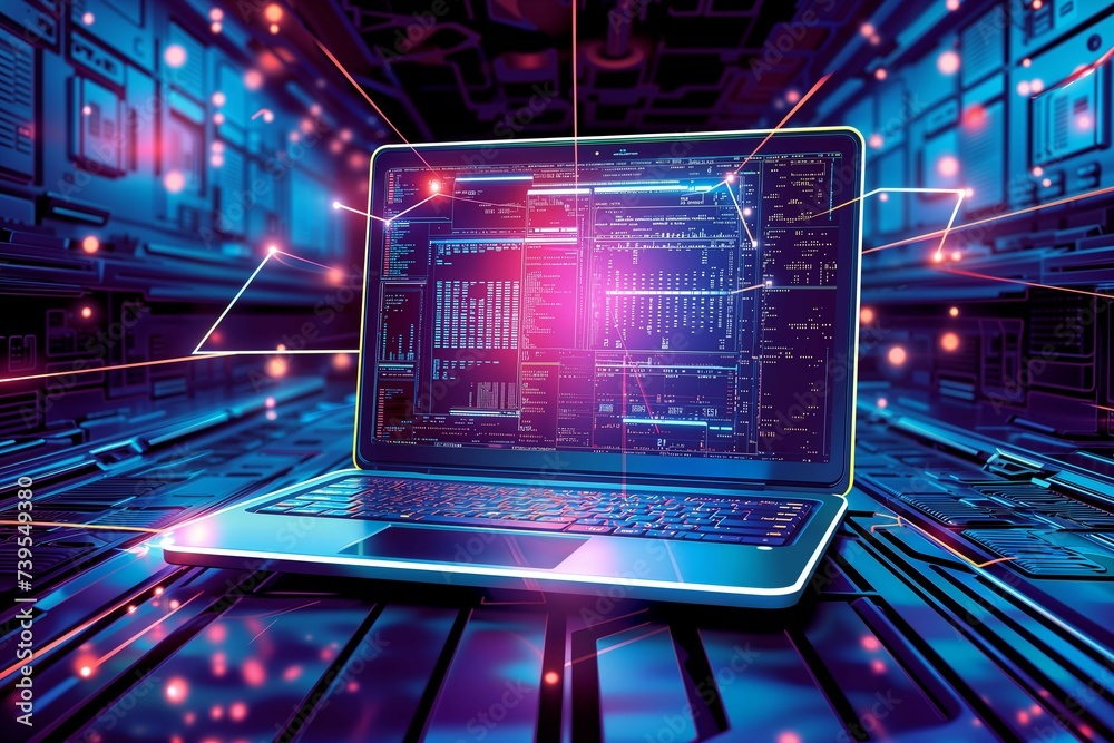Futuristic neon laptop displaying advanced code for technology ...