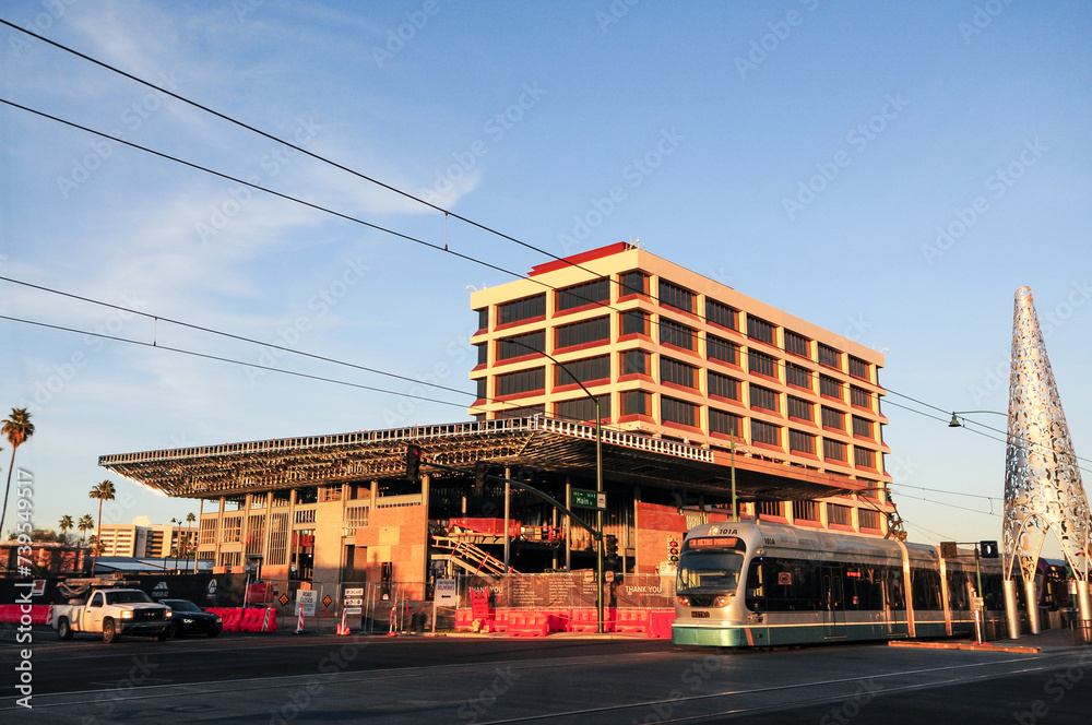 A Valley Metro Rail vehicle travels along Main Street in downtown Mesa ...