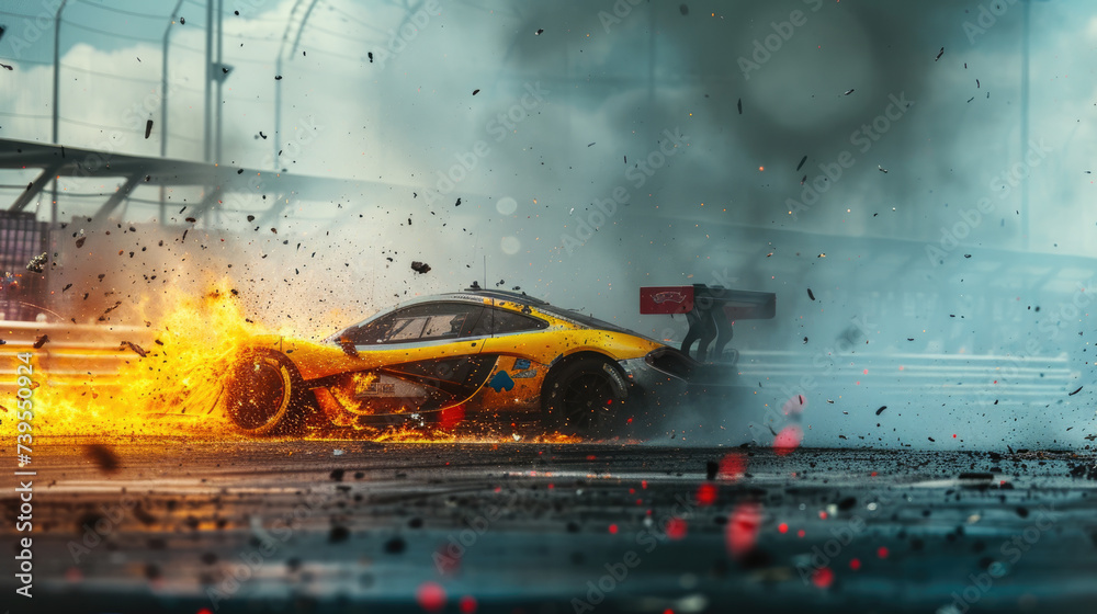 Sports car crashes on track during race, scenery of vehicle in fire ...