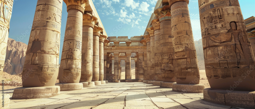 Ancient Egyptian temple, luxury stone columns on sky background ...