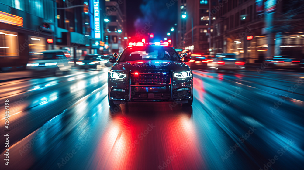 Police car chasing a runaway vehicle in downtown. Lights flaring and ...