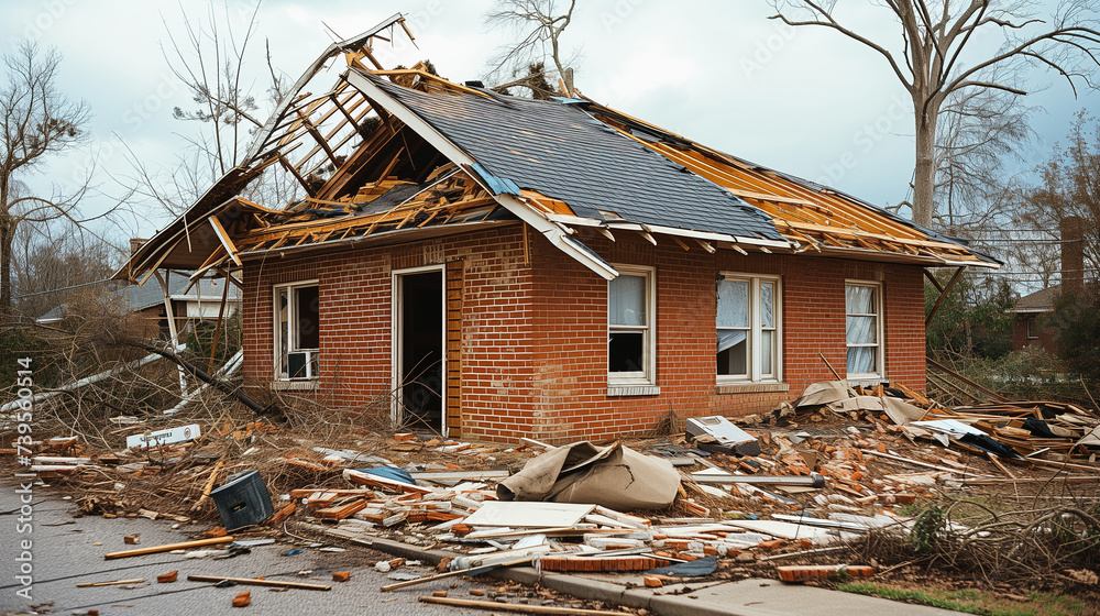 Storm damaged brick house with torn up roof and fallen through windows ...