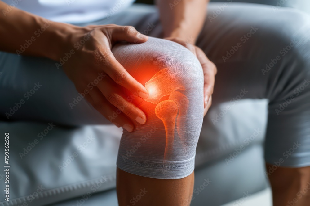 a photo of a man sitting on a couch and holding his knee he is having ...