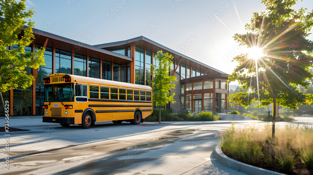 An electric school bus parked outside an eco-friendly school building ...