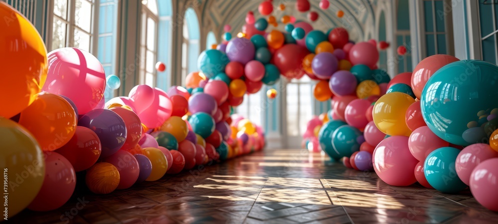 Balloon arch Happy birthday celebration in a hall. Balloon arch forming ...