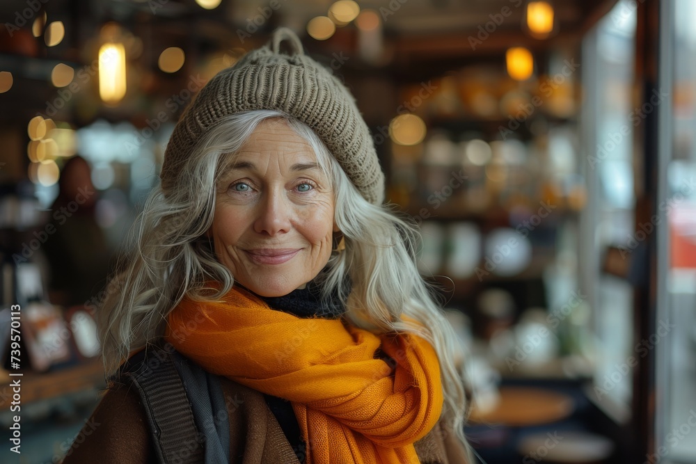 A Stylish Woman Braves The Chilly Streets Her Warm Knit Hat And Scarf