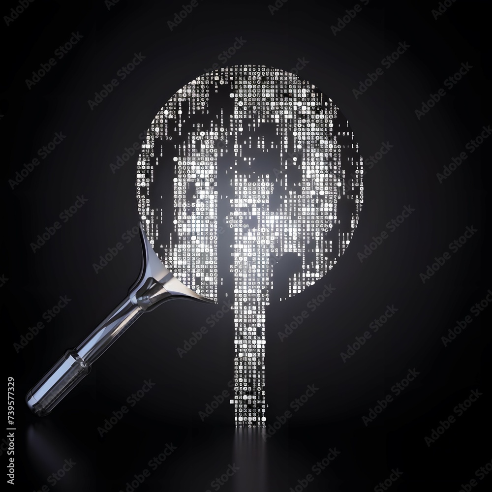 Foto de Magnifying glass and question mark silhouette made from white 0 and 1 digits over binary ...