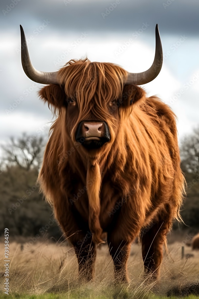 a brown cow with long horns standing in a field, a picture, by Karel ...