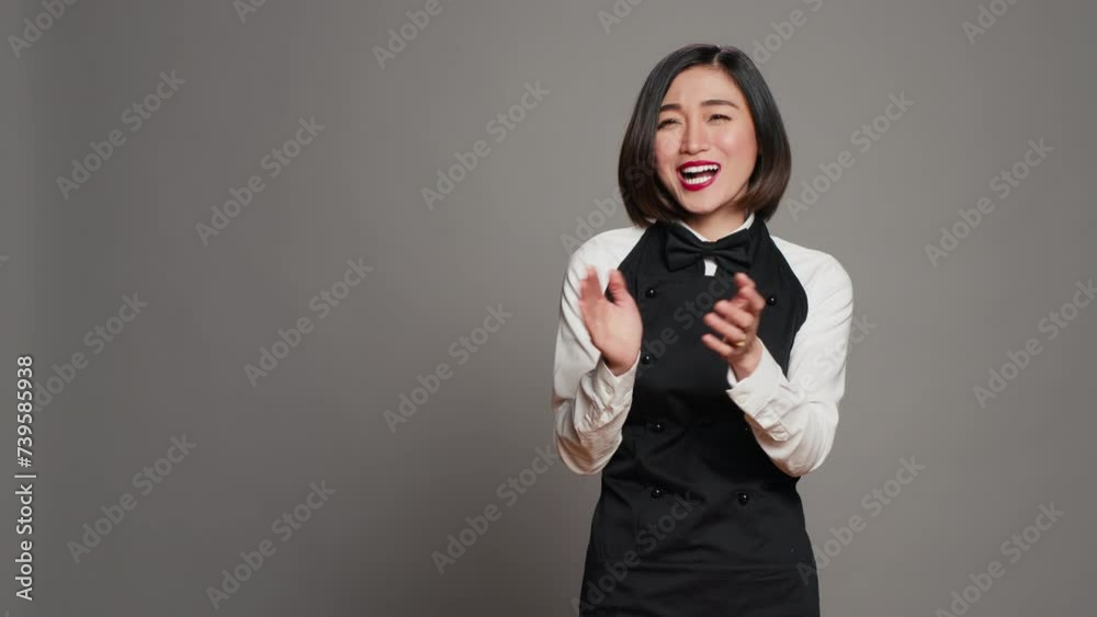 Asian server applauding someone and cheering for success, saying ...