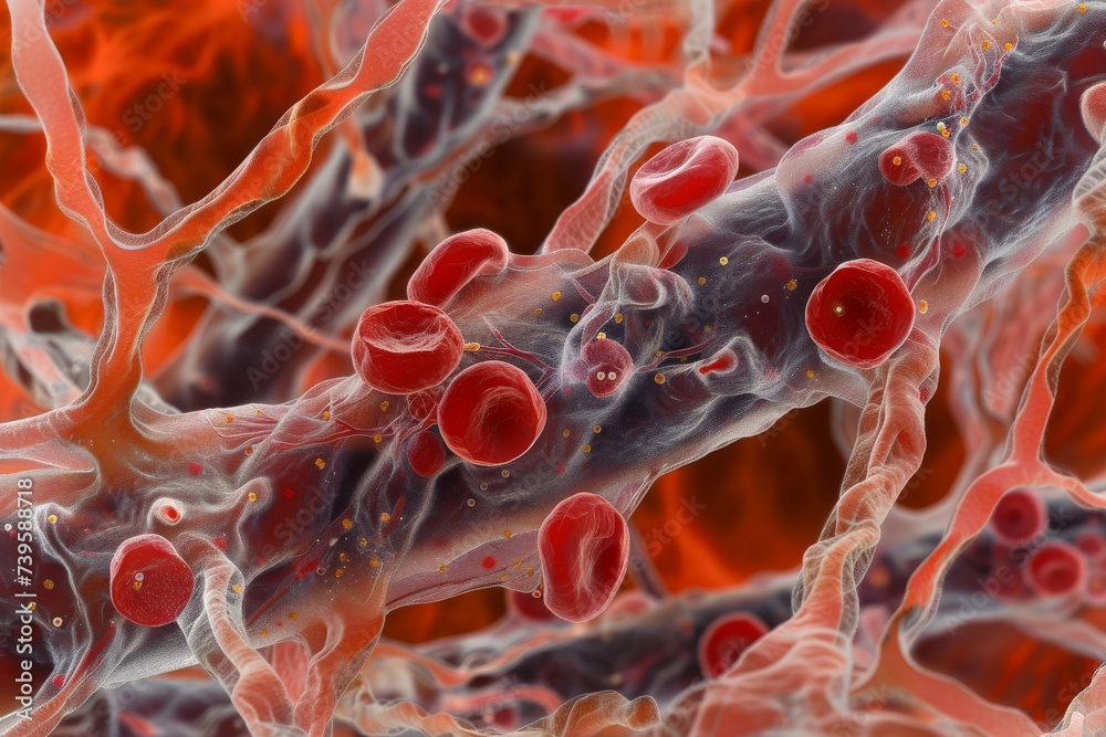 Microscopic image of blood vessel with red blood cells stained with ...