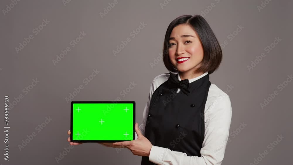 Vídeo do Stock: Woman waitress holding tablet with greenscreen display ...
