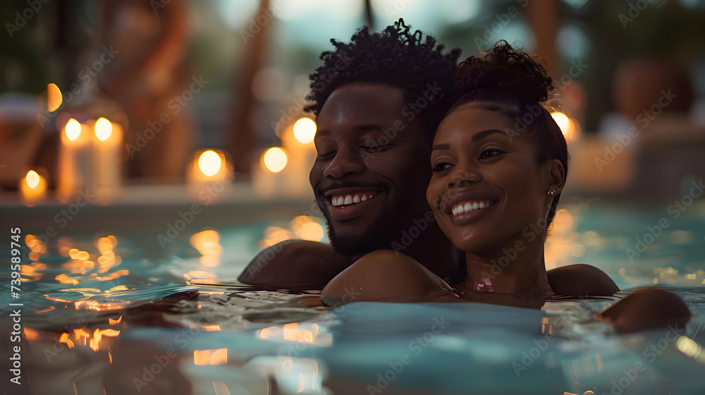 Romantic black couple relaxing in hot tub jacuzzi at luxury health spa ...