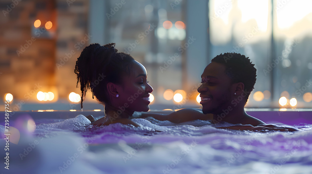 Romantic black couple relaxing in hot tub jacuzzi at luxury health spa ...