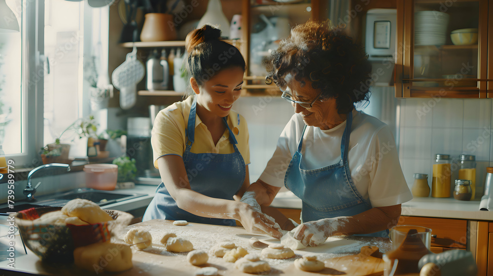 Portrait of two cheerful latina women retired mother and adult daughter ...