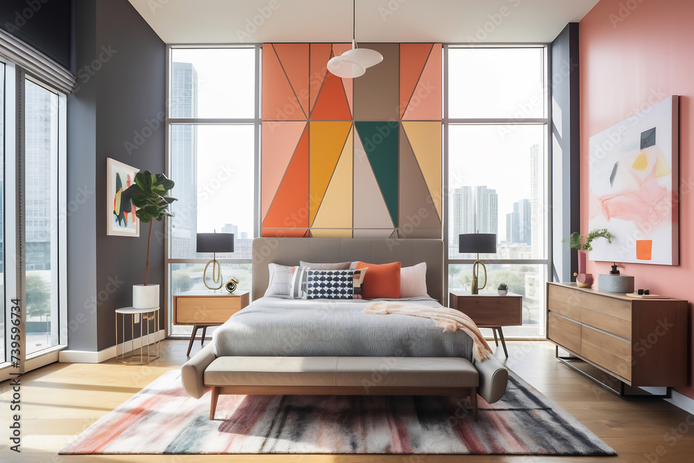 Bedroom with bed and big windows. Geometric patterns create stunning ...