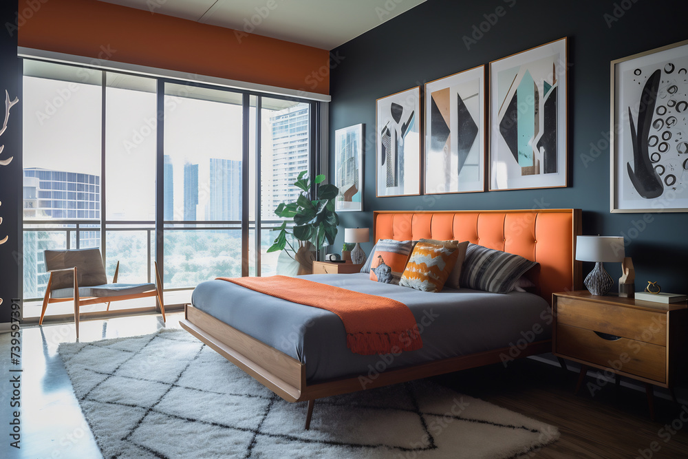 Bedroom with bed and big windows. Geometric patterns create stunning ...