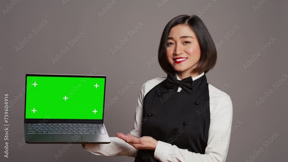 Restaurant employee pointing at greenscreen layout on pc, smiling at ...