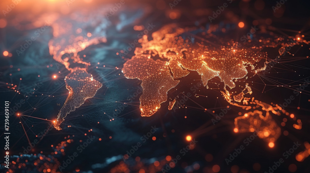 A futuristic map of the world with lines connecting major cities and ...