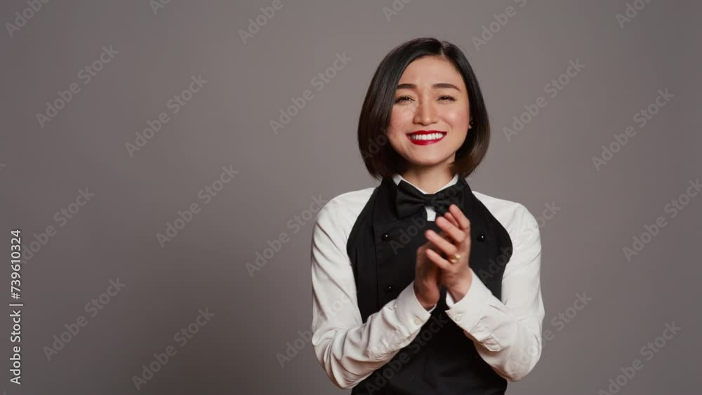 Restaurant hostess clapping hands and celebrating for someone, cheering ...