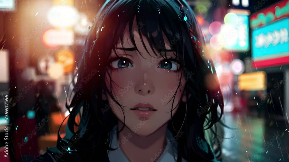 Vidéo Stock anime world stands in of the rain. Her wet, glistening hair ...