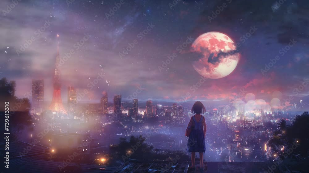 Amidst the twinkling orange lights of the cityscape,anime woman stands ...