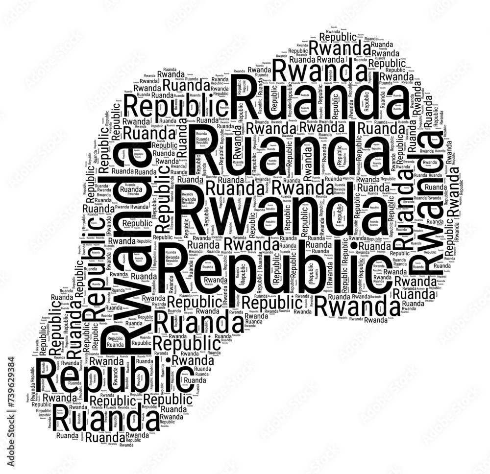 Black and white word cloud in Rwanda shape. Simple typography style ...