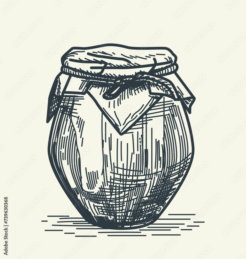 Vintage sketch of a butter churn with cloth cover and tied with jute ...