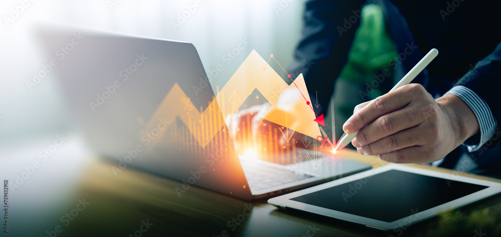 Economic collapse concept, businessman with falling financial graph ...