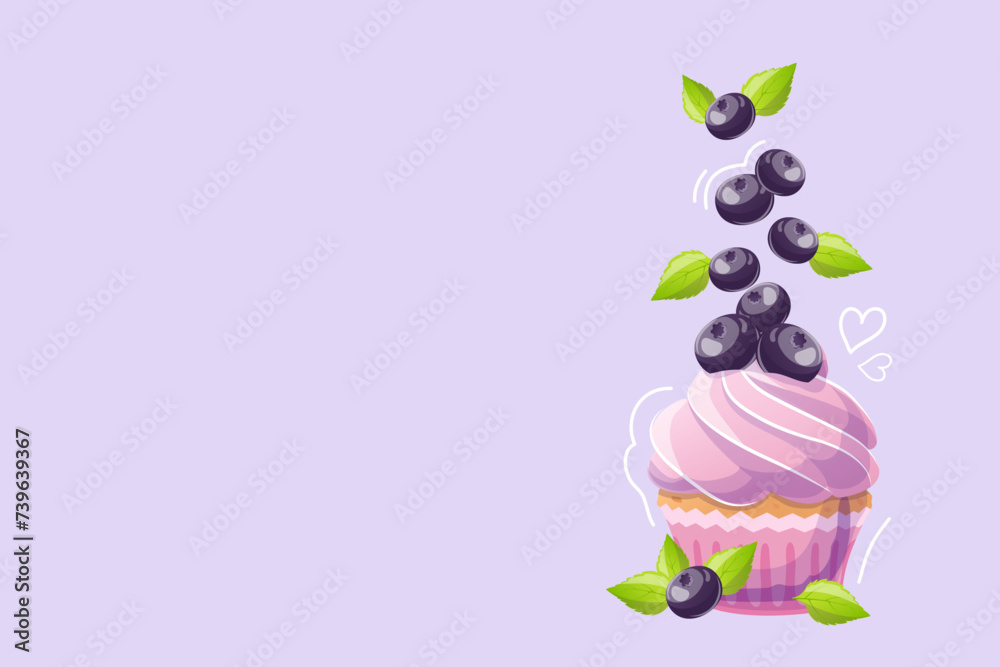 Blueberry muffin in cartoon style on purple background. Doodle. Vector ...