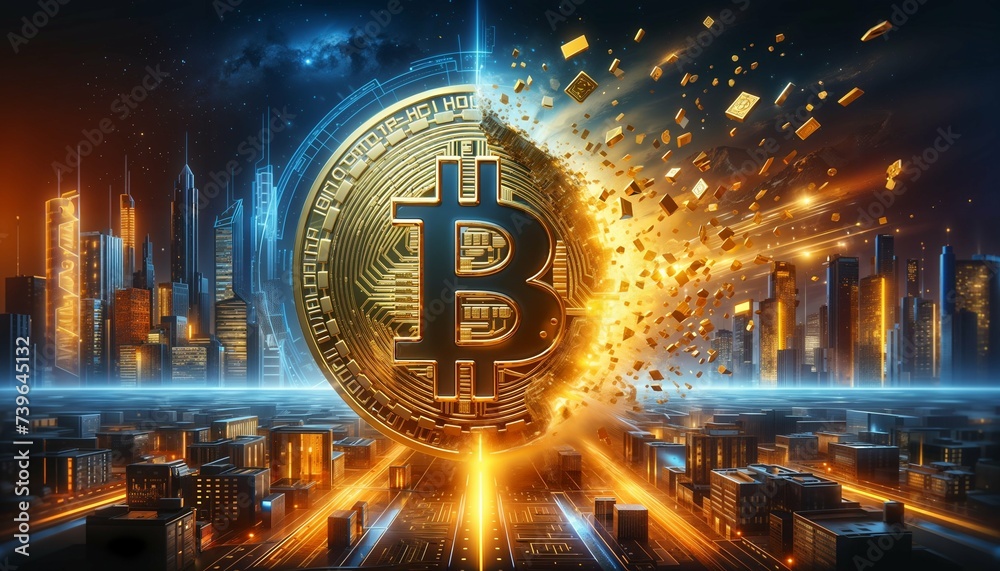 BTC halving 2024 illustrated by breaking Bitcoin, depicting the end and ...