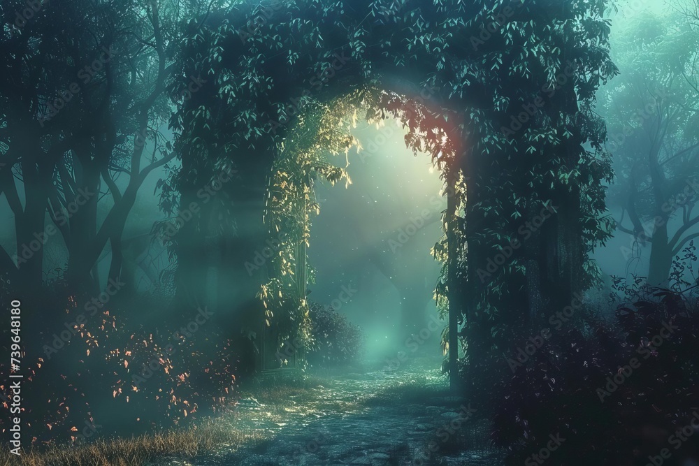 Enchanted forest clearing with a shimmering gateway Vines entwining a ...