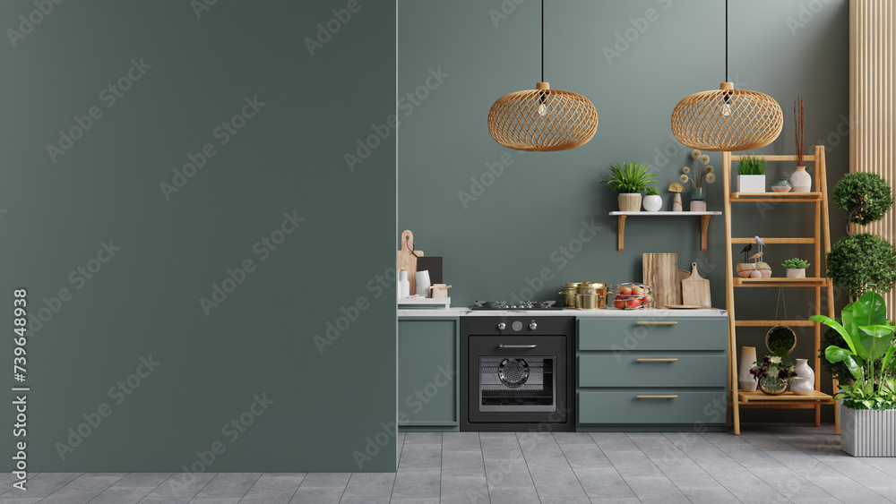 Dark green wall mock up kitchen room and minimalist interior design ...